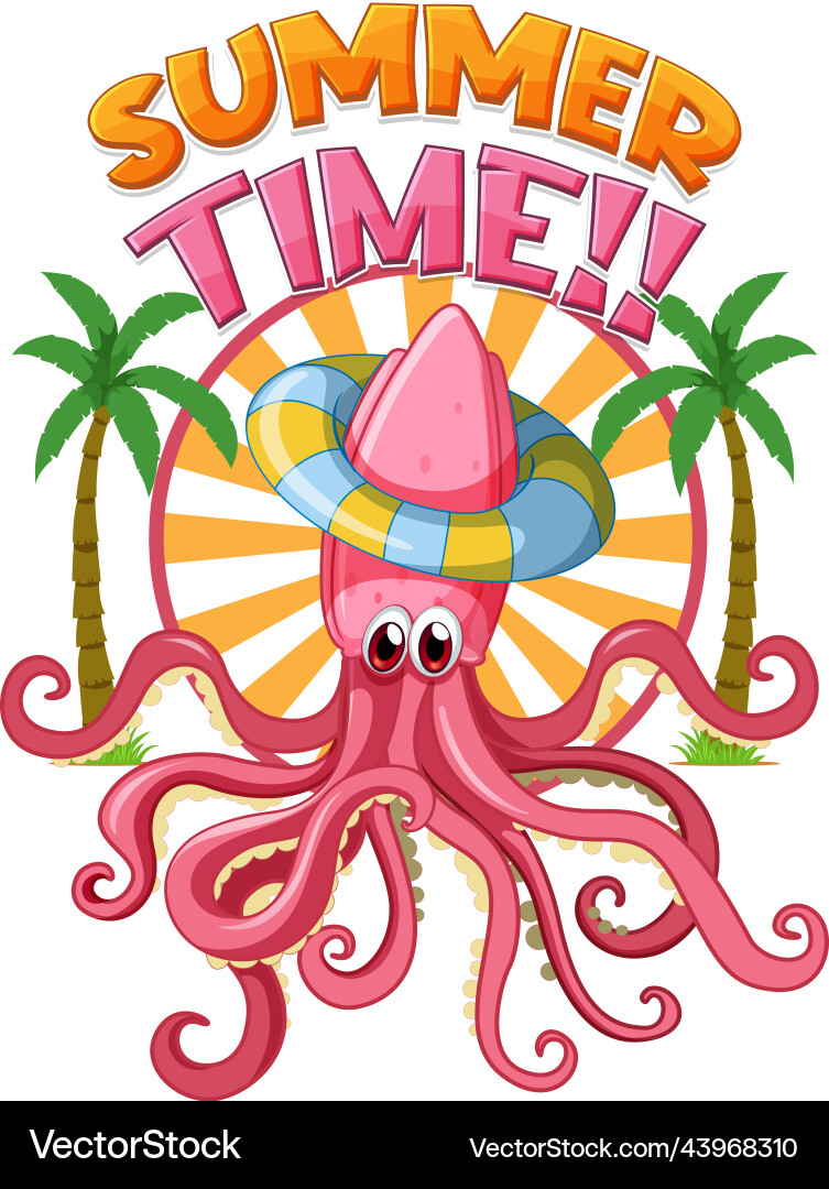 Summer time word with squid cartoon Royalty Free Vector