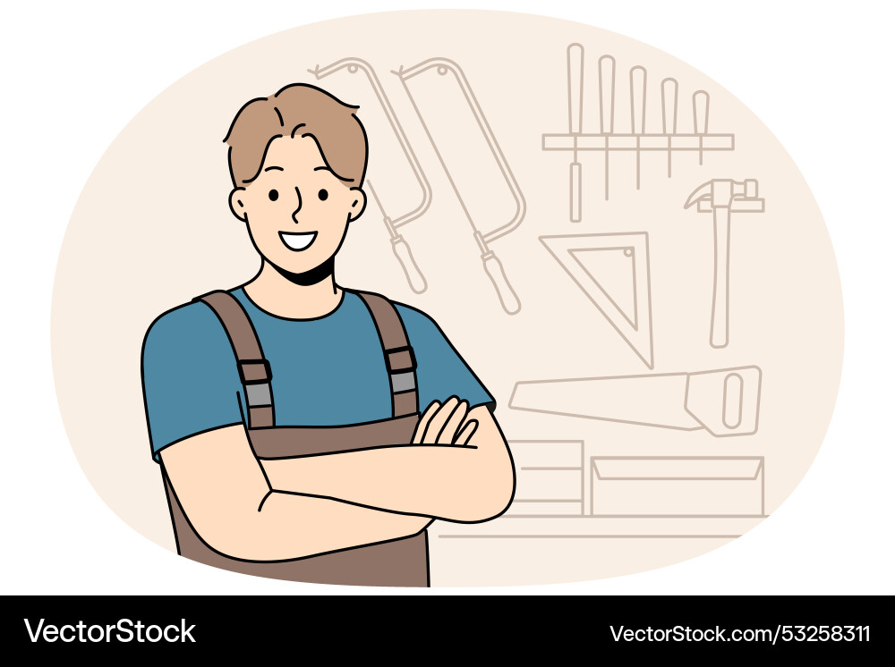 Smiling male carpenter standing in workshop Vector Image
