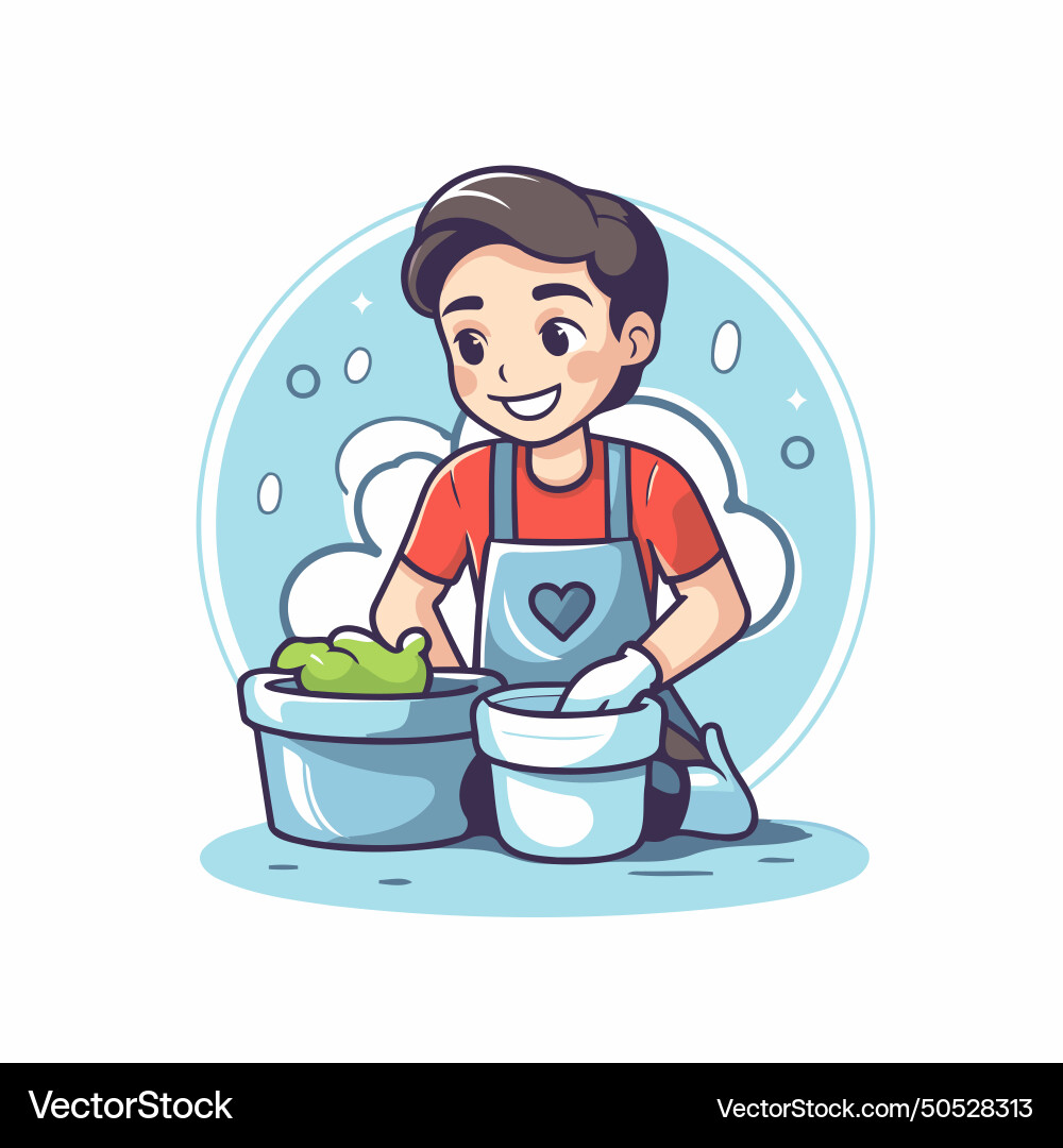 Cute boy washing clothes in a flat style Vector Image