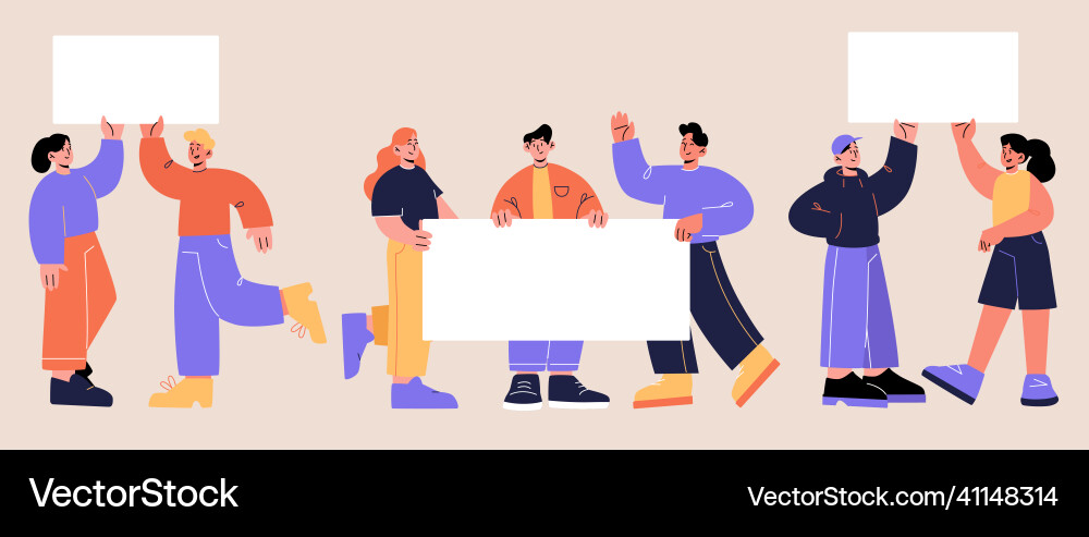 People with placards and banners protest on rally Vector Image