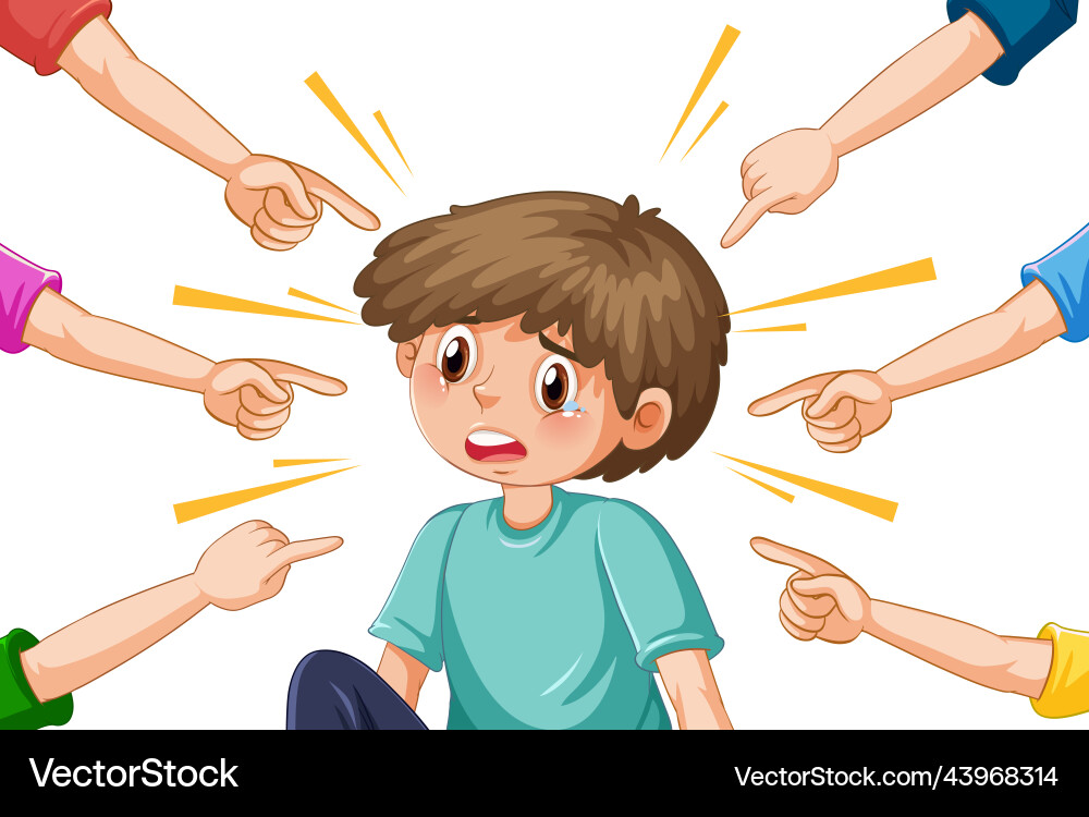 Sad boy surrounded by pointing fingers Royalty Free Vector