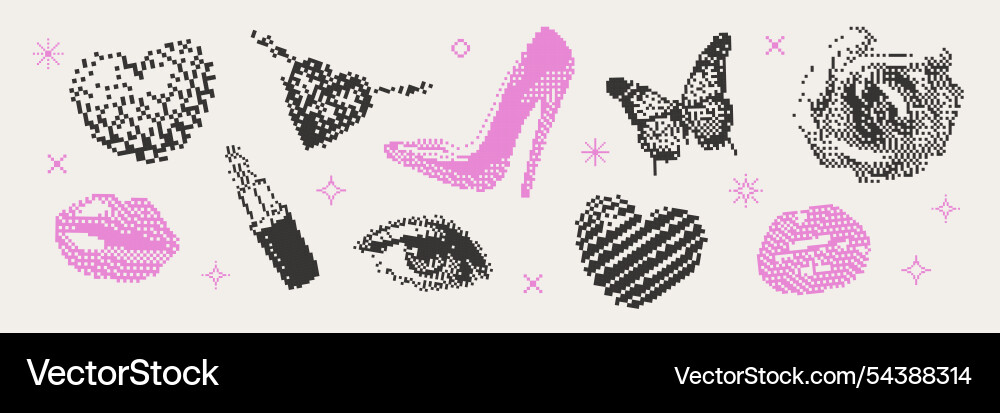 Set of pixel halftone design elements collection Vector Image