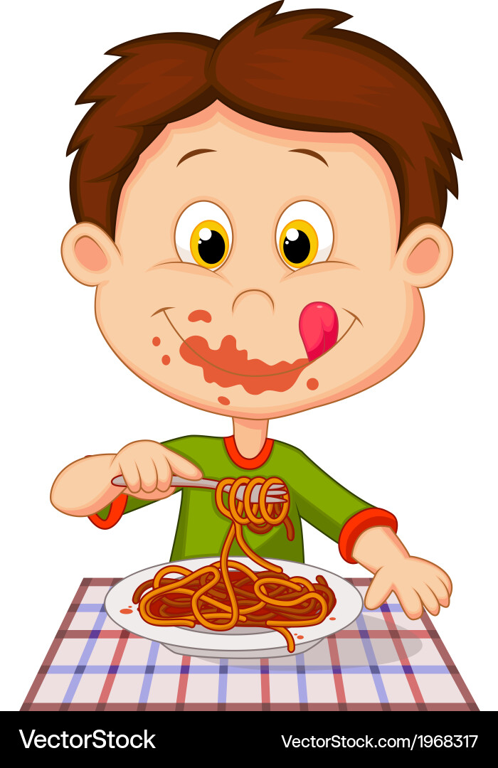 Cartoon boy eating spaghetti Royalty Free Vector Image
