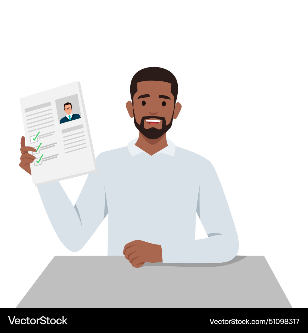 Young man candidate hold cv with all filled form Vector Image