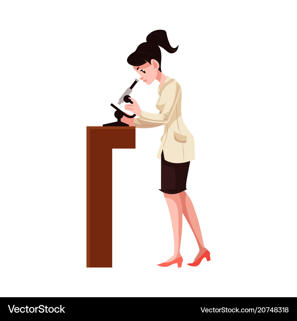Cartoon woman scientist with microscope Royalty Free Vector
