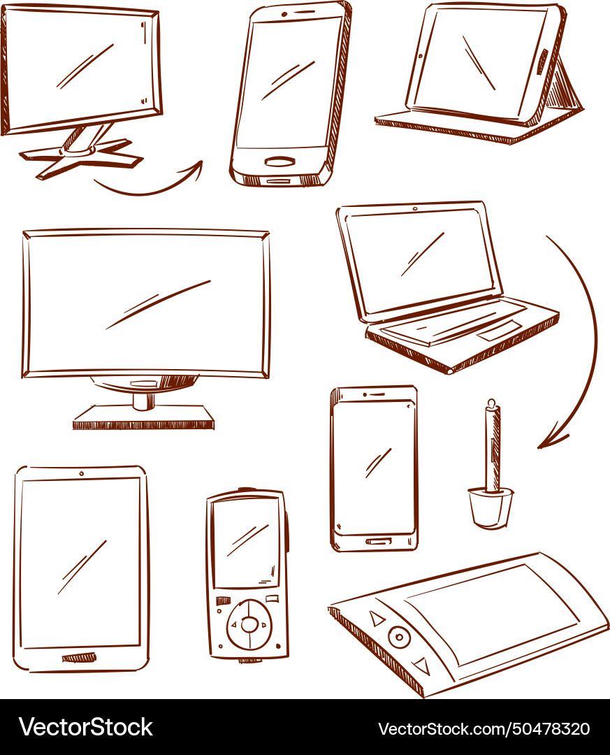 Hand drawn device tablet pc laptop smart phone Vector Image