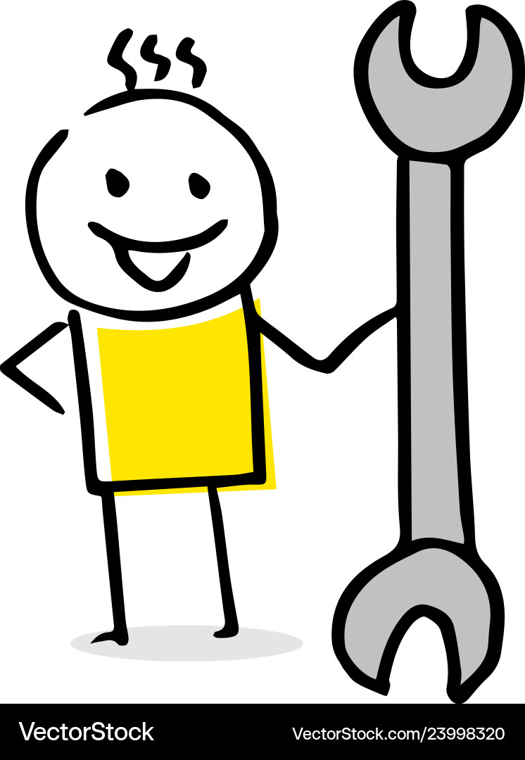 Happy worker holding a wrench stick figure Vector Image