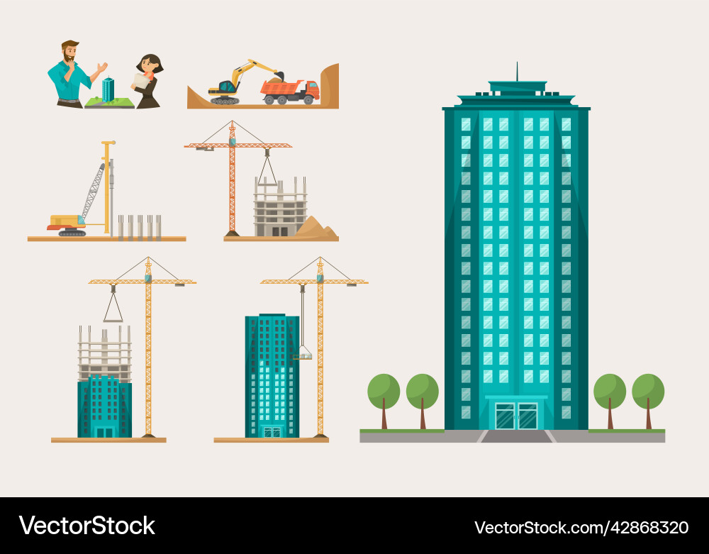 Process of building skyscraper cartoon set Vector Image