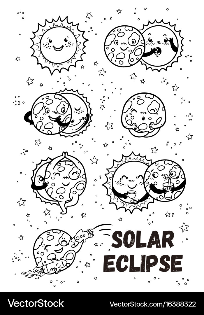Solar eclipse in phases outline set Royalty Free Vector