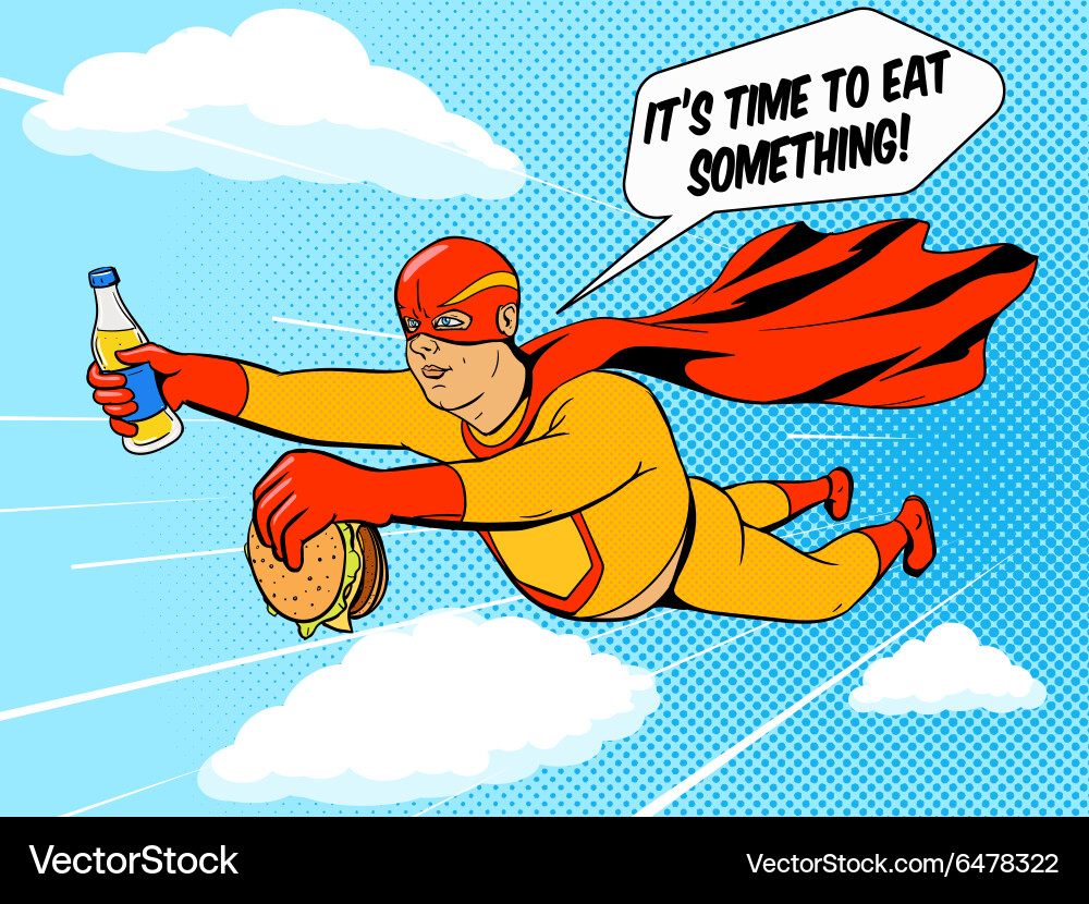 Superhero fat man and burger comic book Royalty Free Vector