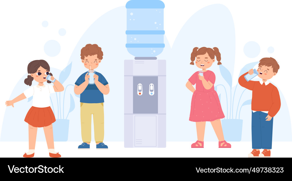 Children drinking water from cooler cute cartoon Vector Image