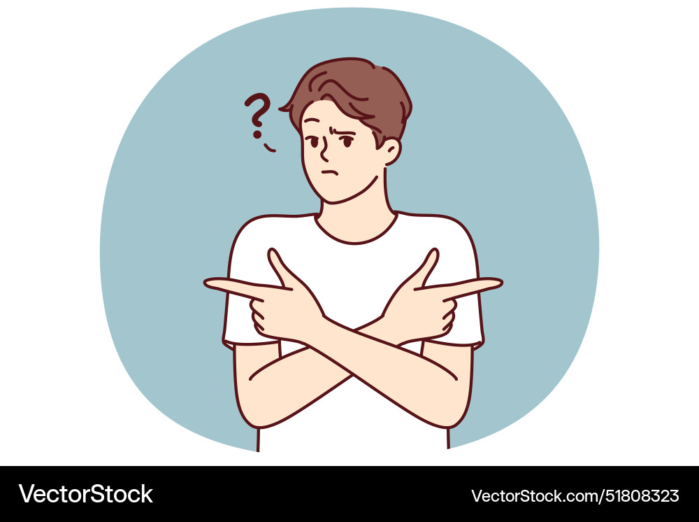Puzzled man pointing fingers in different Vector Image