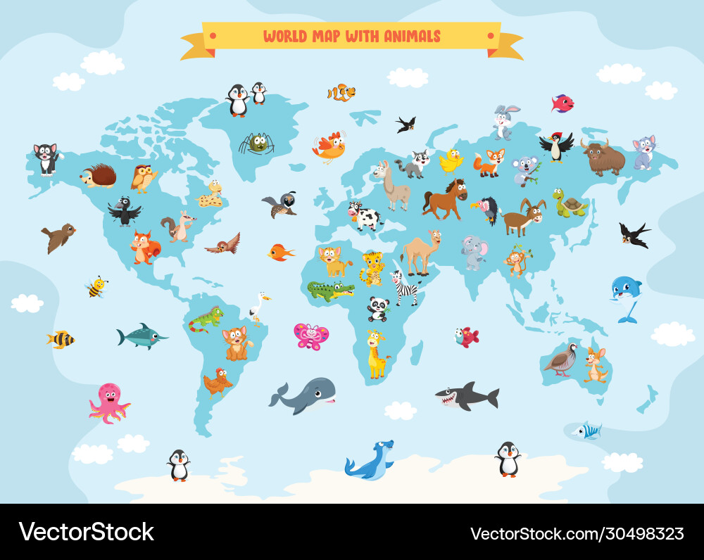Weltkarte mit Tieren Lizenzfreies Vektorbild