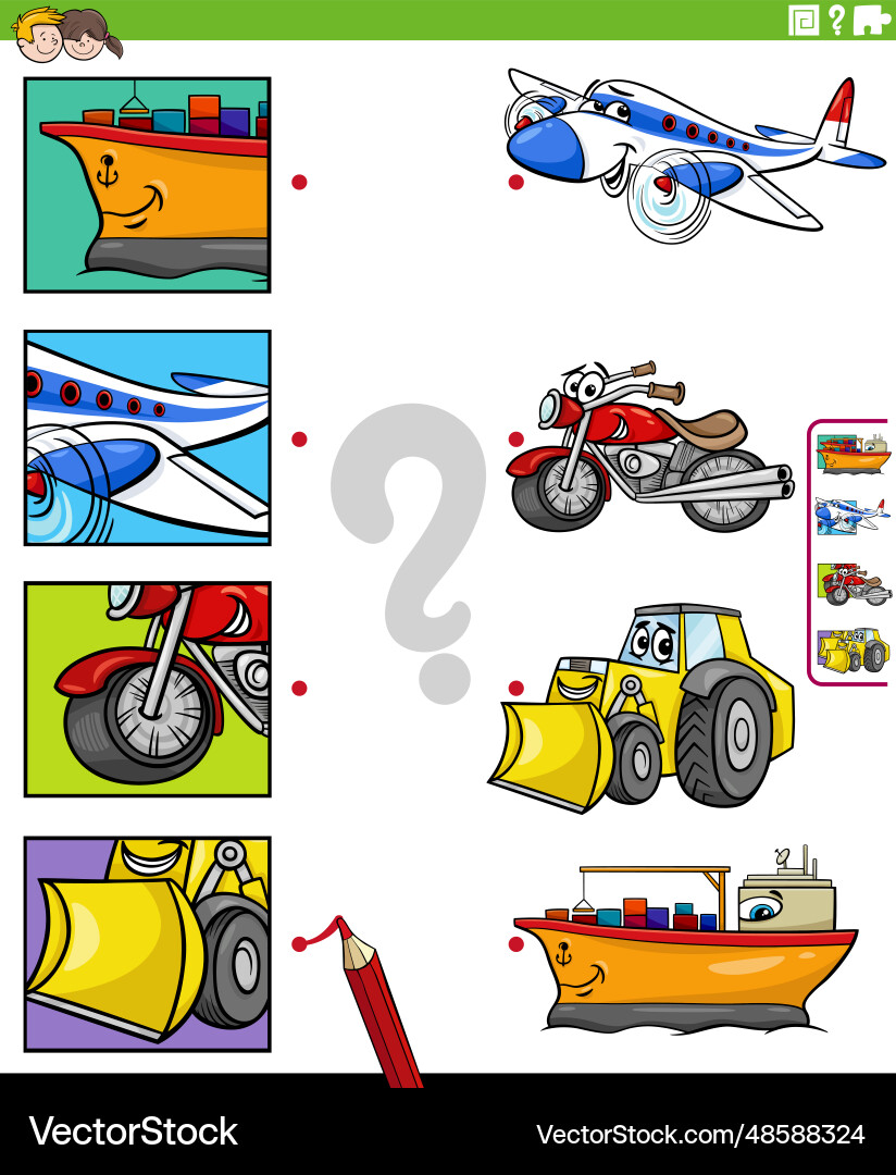 Match vehicles and clippings educational game Vector Image