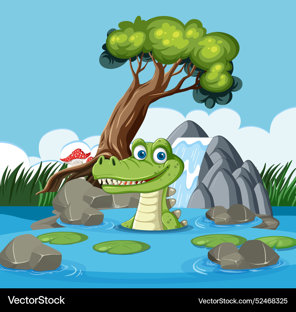 Smiling crocodile in a scenic pond Royalty Free Vector Image