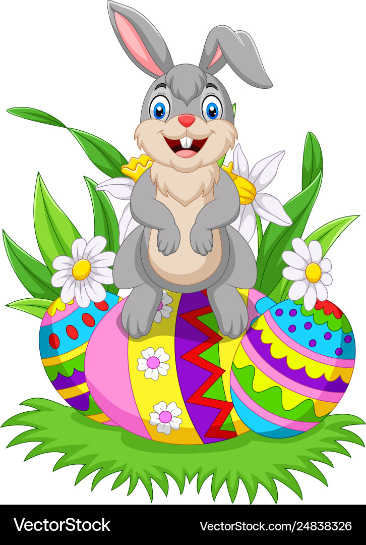 Cartoon happy bunny with colorful easter eggs Vector Image