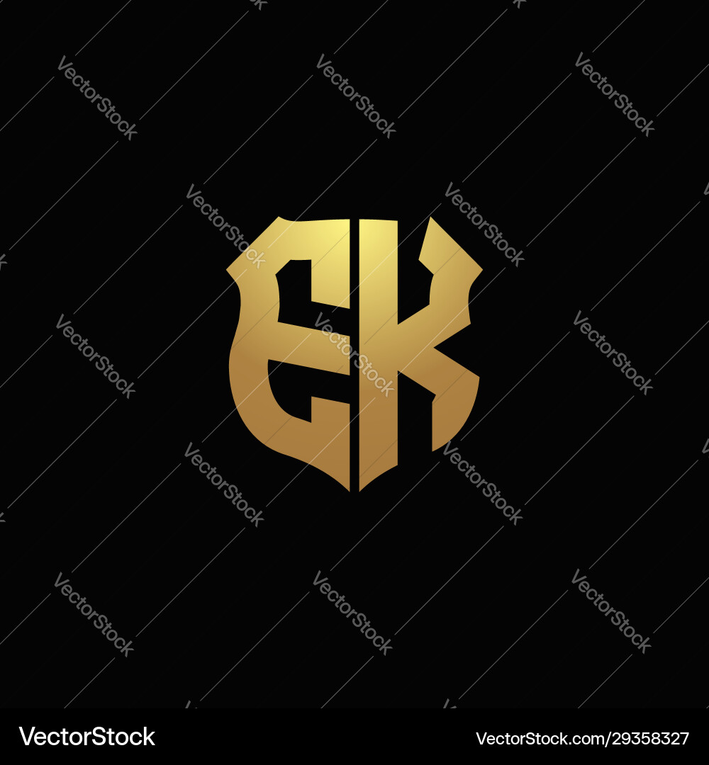 Ek logo monogram with gold colors and shield Vector Image