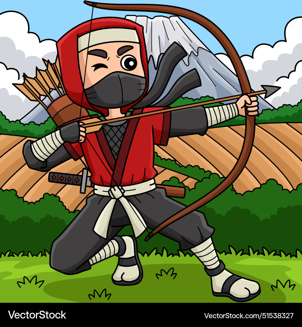 Ninja with a bow and arrow colored cartoon Vector Image