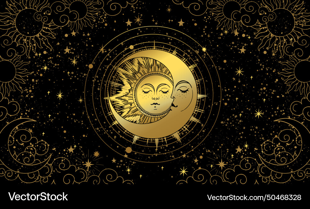 Golden sun and moon with round orbits black Vector Image