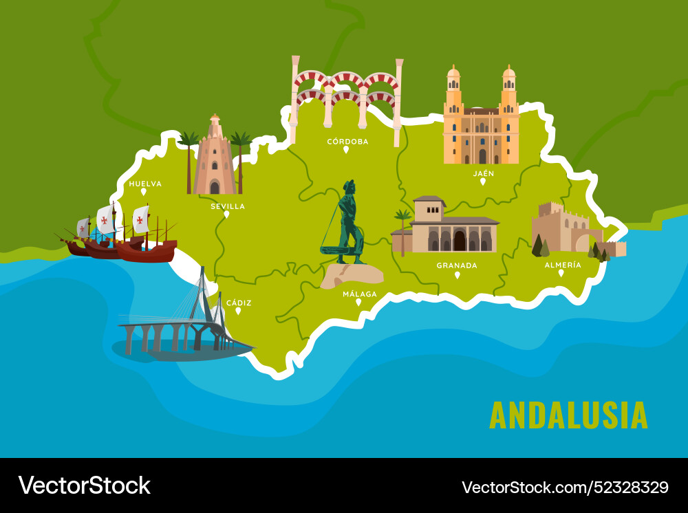 Andalusia map with landmarks Royalty Free Vector Image