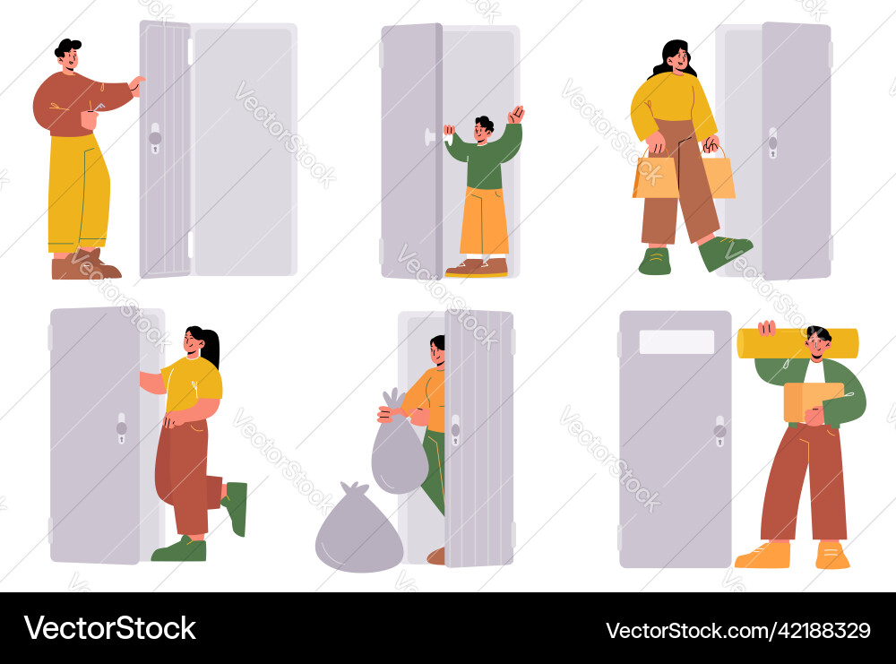 People at house entrance enter or exit home Vector Image