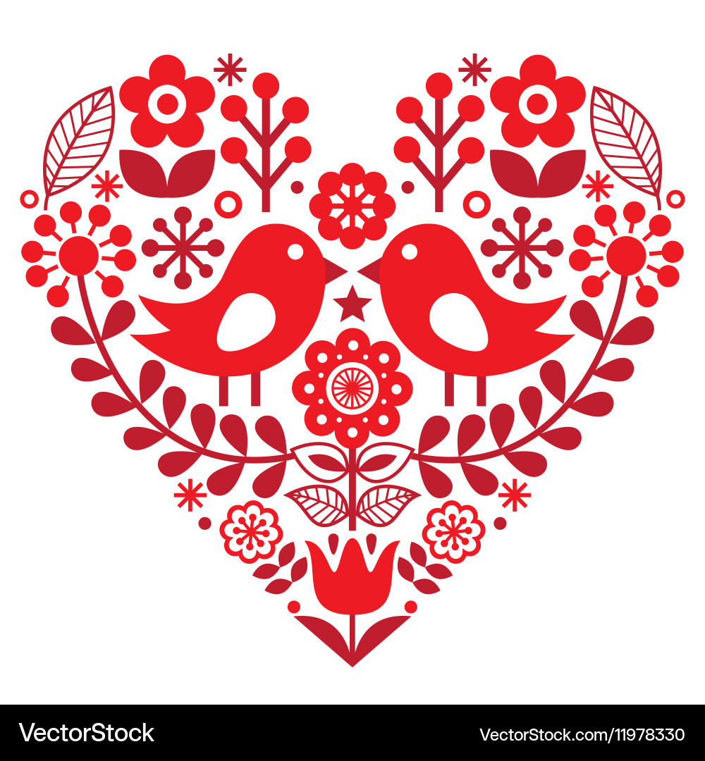 Nordic Heart Pattern - Birds & Flowers Vector Image