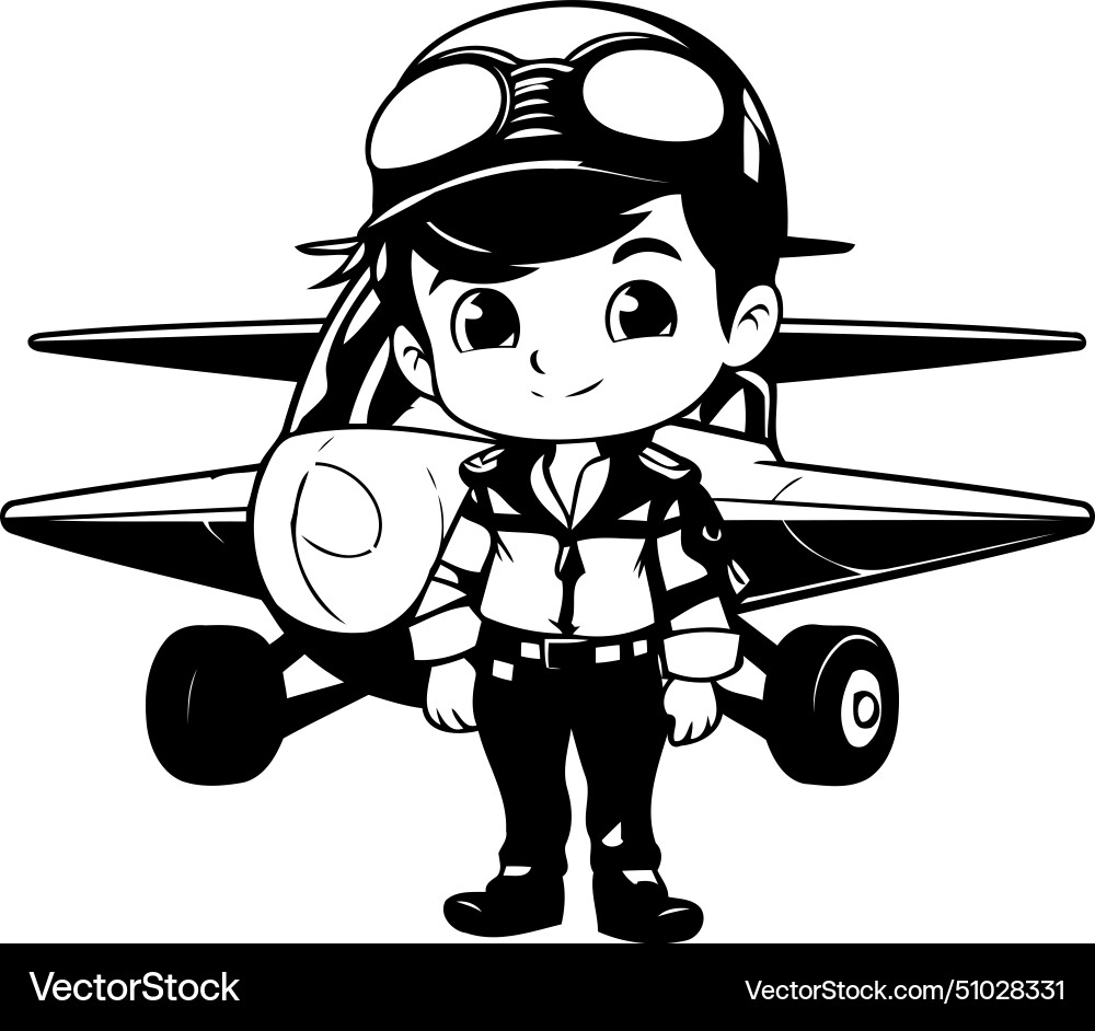 Cute boy pilot with airplane on white background Vector Image