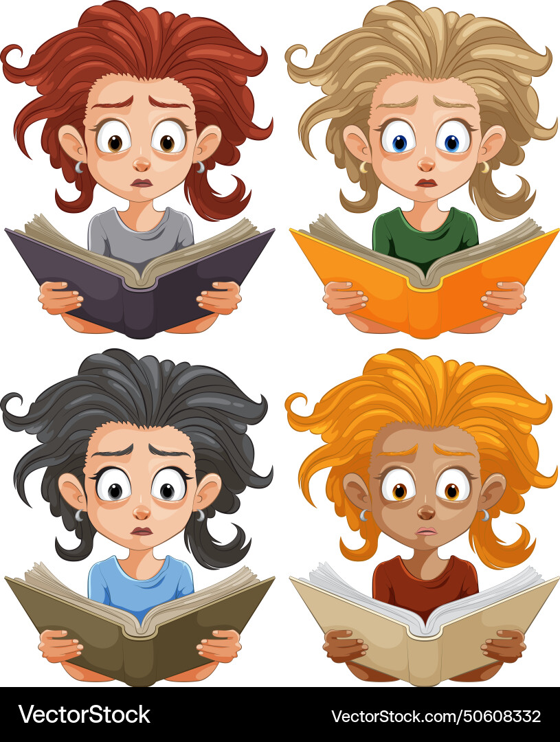 Four animated children reading books with interest