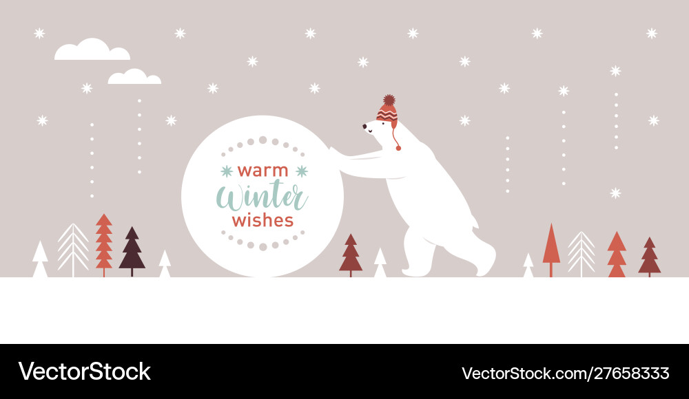 Cute Polar Bear in Red Hat Rolling Snowball Vector Image