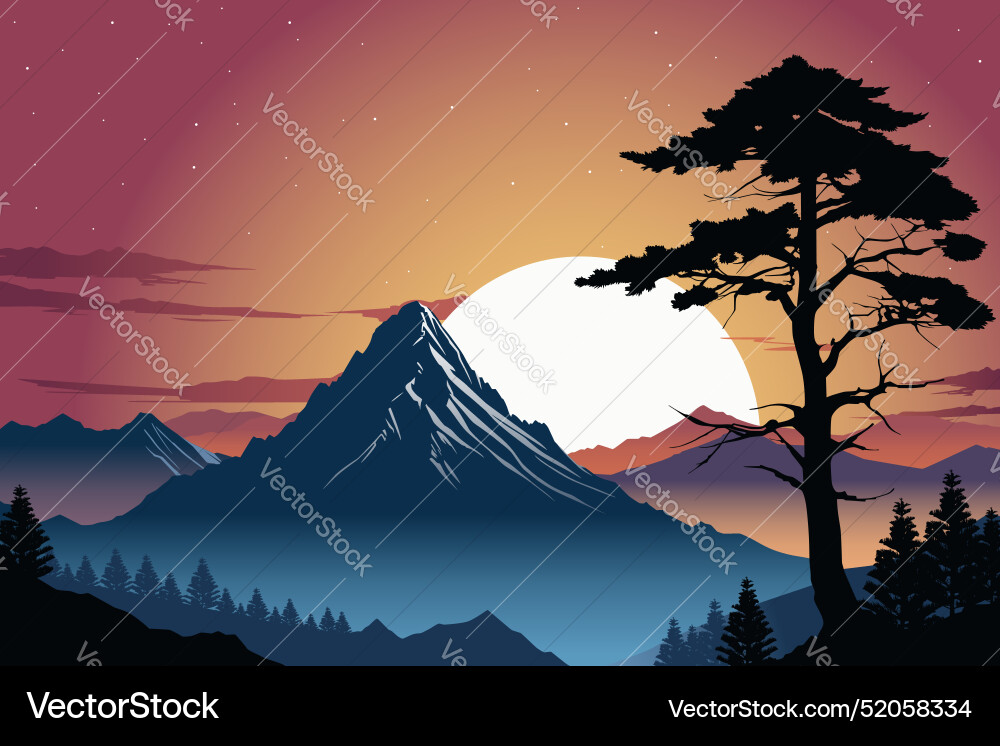 Landscape Mountain Moon Night Background Vector Image