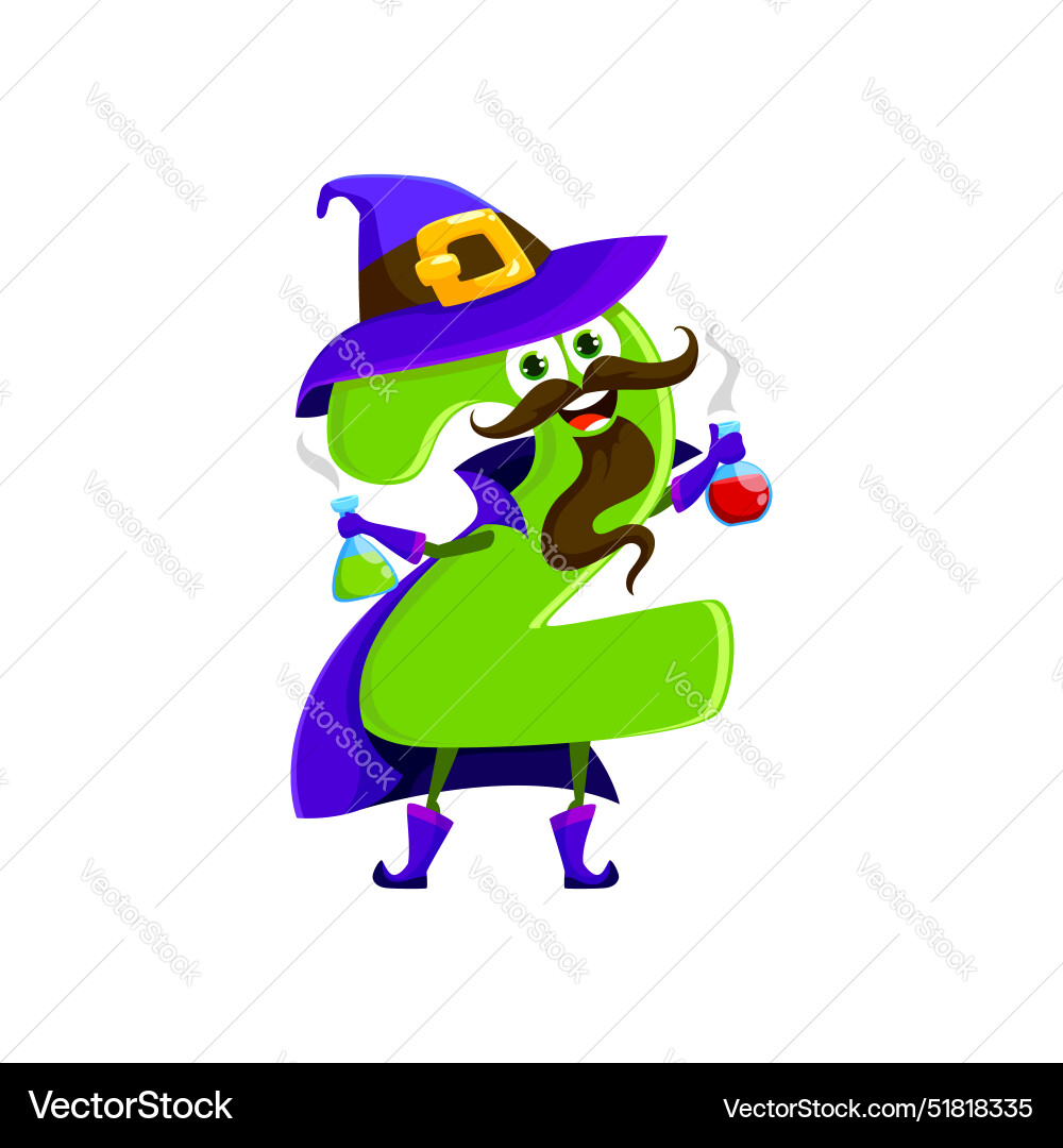 Cartoon halloween math number two wizard character
