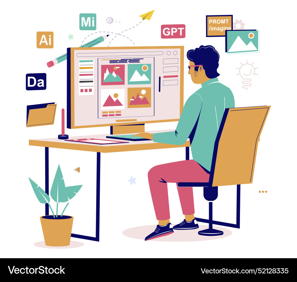 Graphic designer using ai technology for work Vector Image