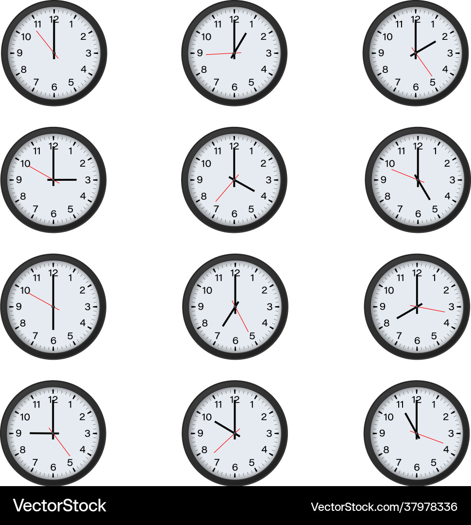 Black round clock set with various time Royalty Free Vector