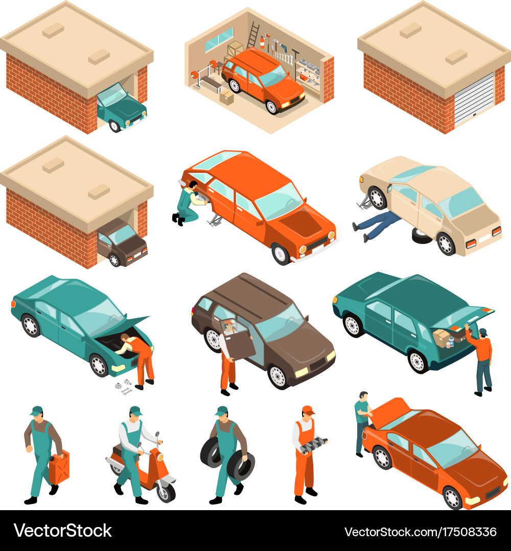 Garage isometric set Royalty Free Vector Image