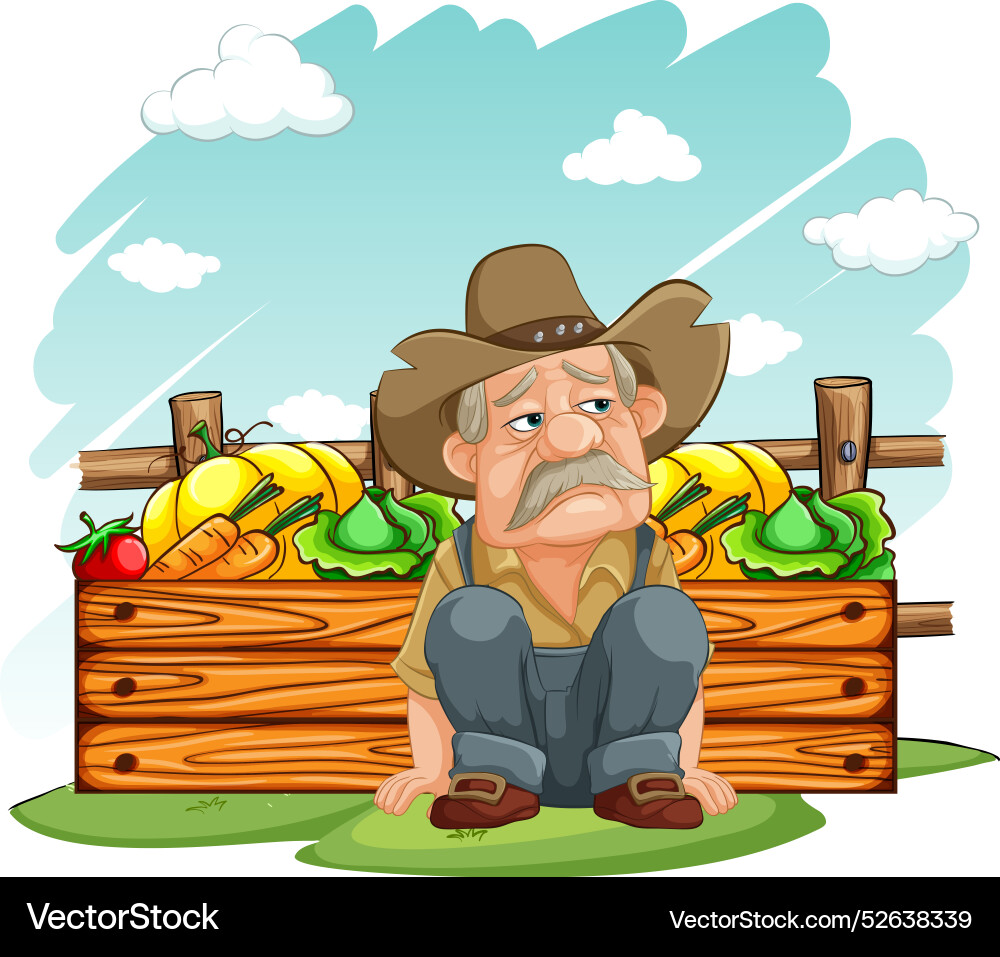 A sad farmer sitting by his produce Royalty Free Vector
