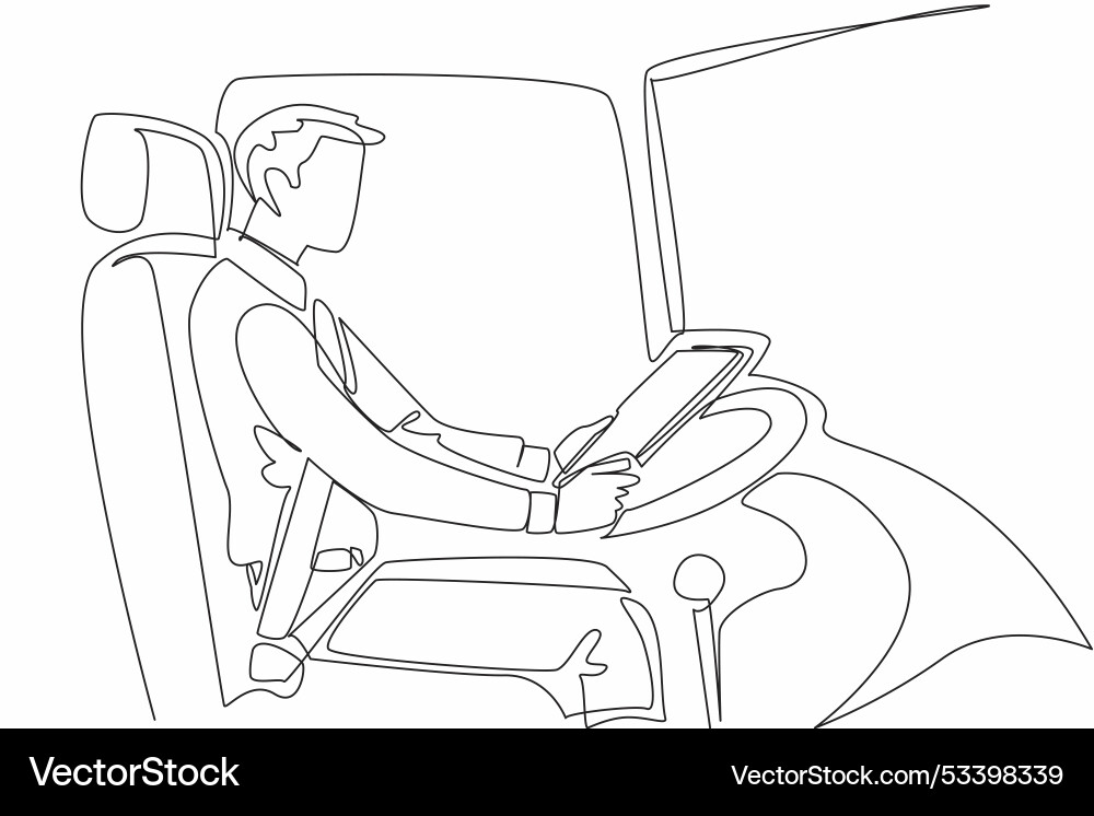 Continuous one line drawing male driver holding Vector Image