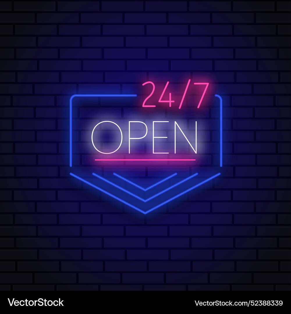 Neon open twenty-four hours sign Royalty Free Vector Image