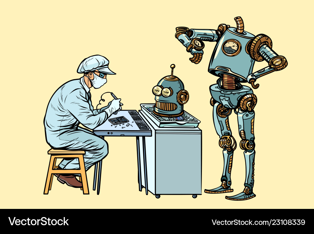 Robot came to repair the head electronics Vector Image