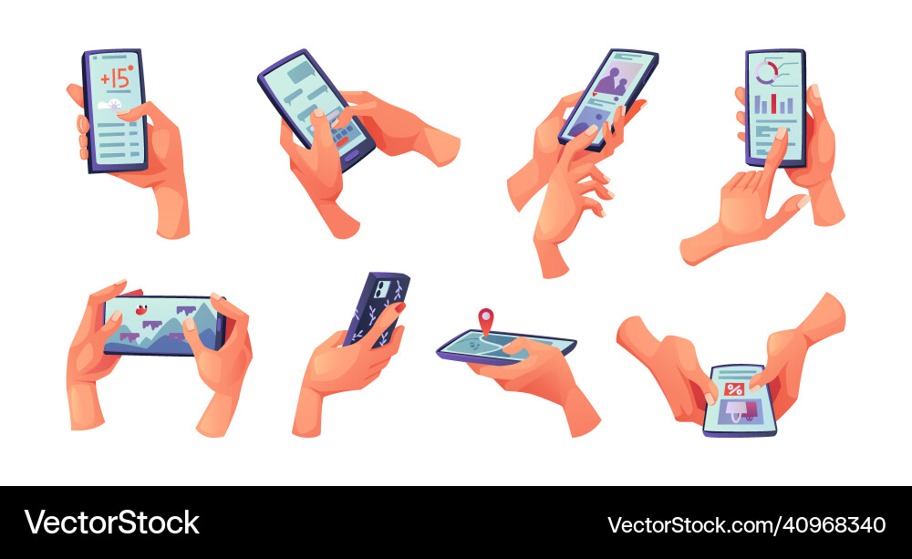 Hand holding smartphone and using apps cartoon set