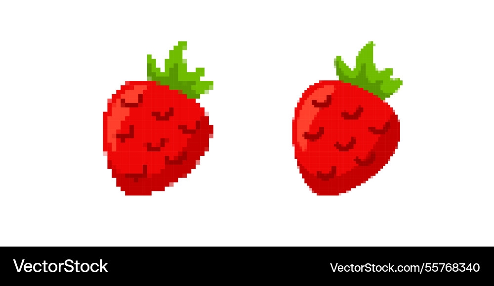 Pixel-art strawberries with vivid green leaves Vector Image