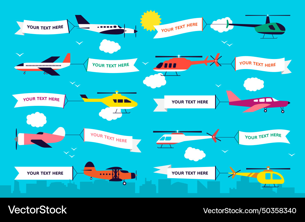 Plane with banner flying flag on helicopter Vector Image