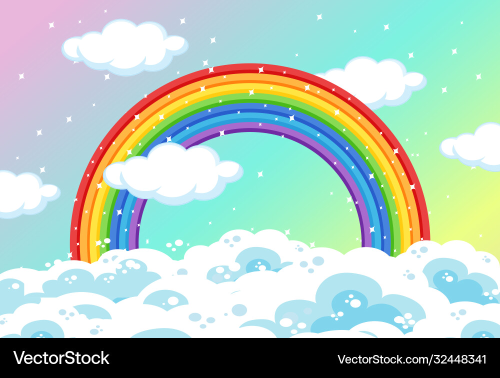 Rainbow with clouds and glitter on pastel sky Vector Image