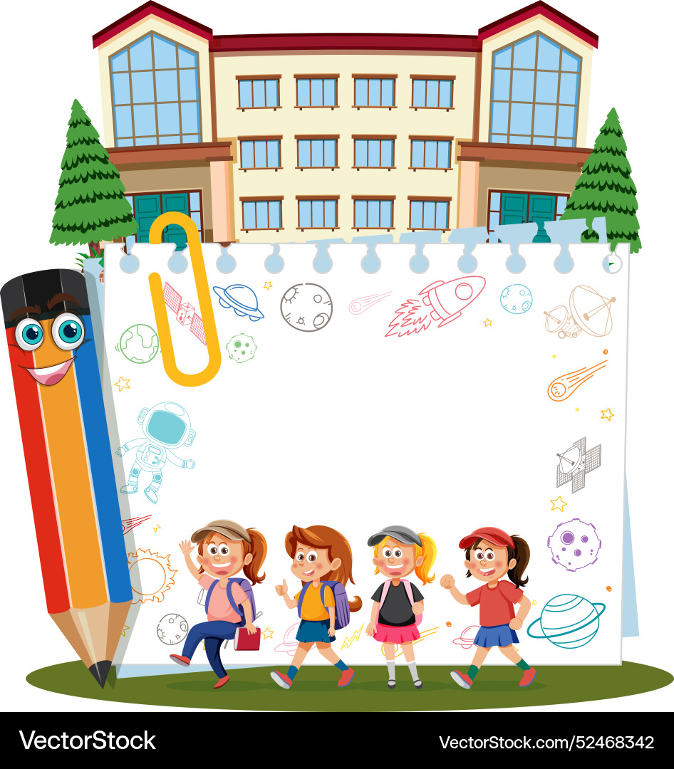 Children walking in front of a school Royalty Free Vector