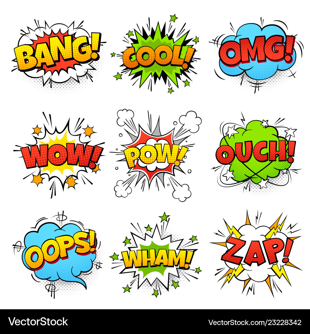 Comic words cartoon speech bubble with zap pow Vector Image