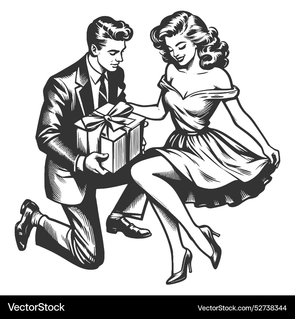 Retro couple exchanging gift Royalty Free Vector Image