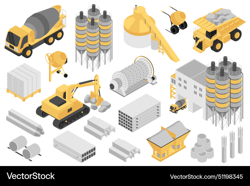 Cement manufacturing isometric elements Royalty Free Vector