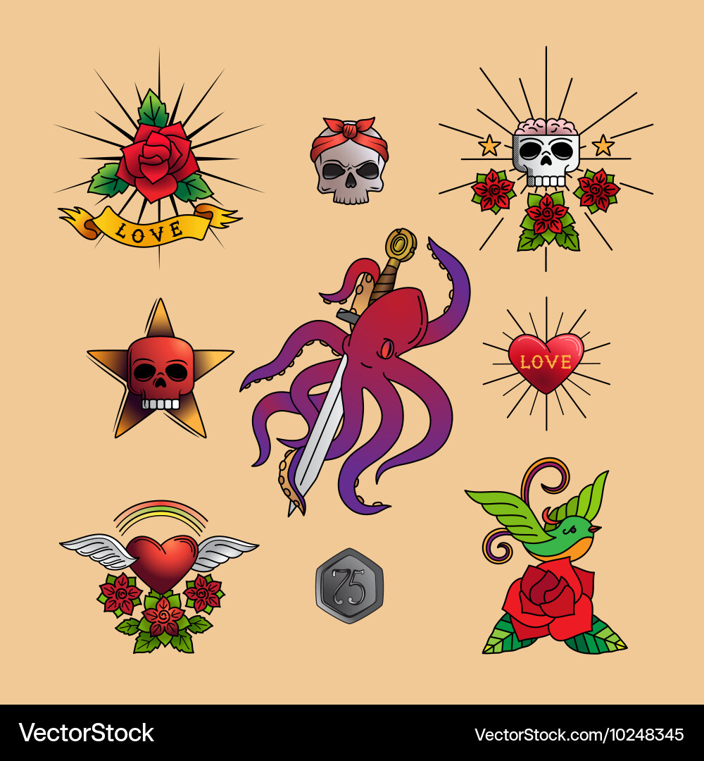 Traditional tattoo art icons Royalty Free Vector Image