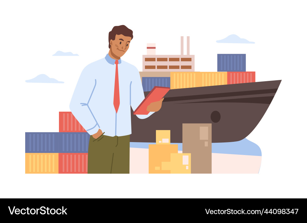 Manager controlling delivery of freight by ship Vector Image