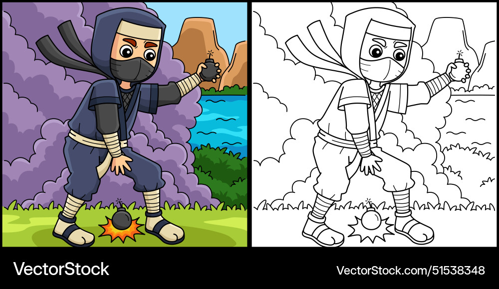 Ninja with a smoke bomb coloring page Royalty Free Vector