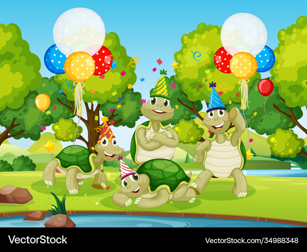 Turtle group in party theme cartoon character Vector Image